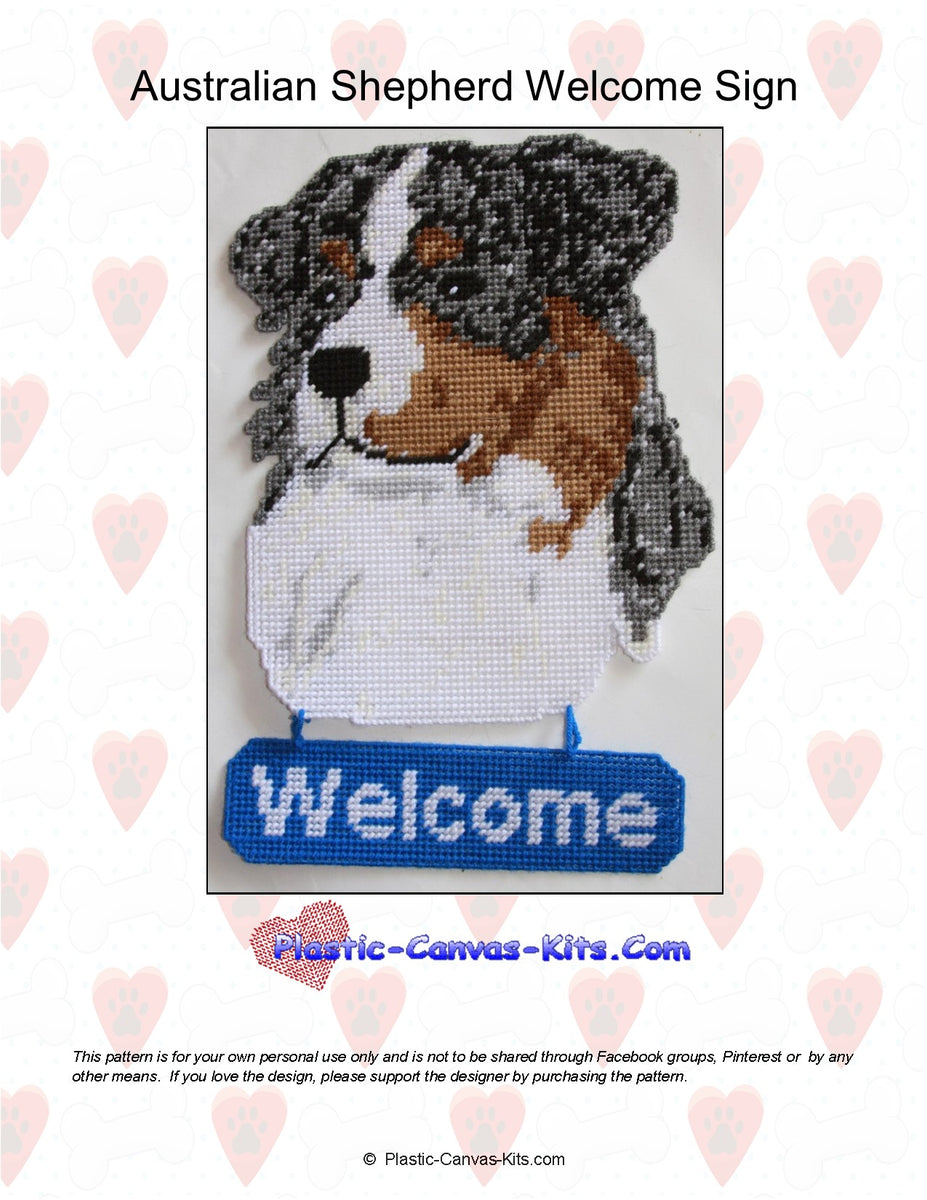 Plastic Canvas-Australian Shepherd Welcome Sign| Plastic-Canvas-Kits.com