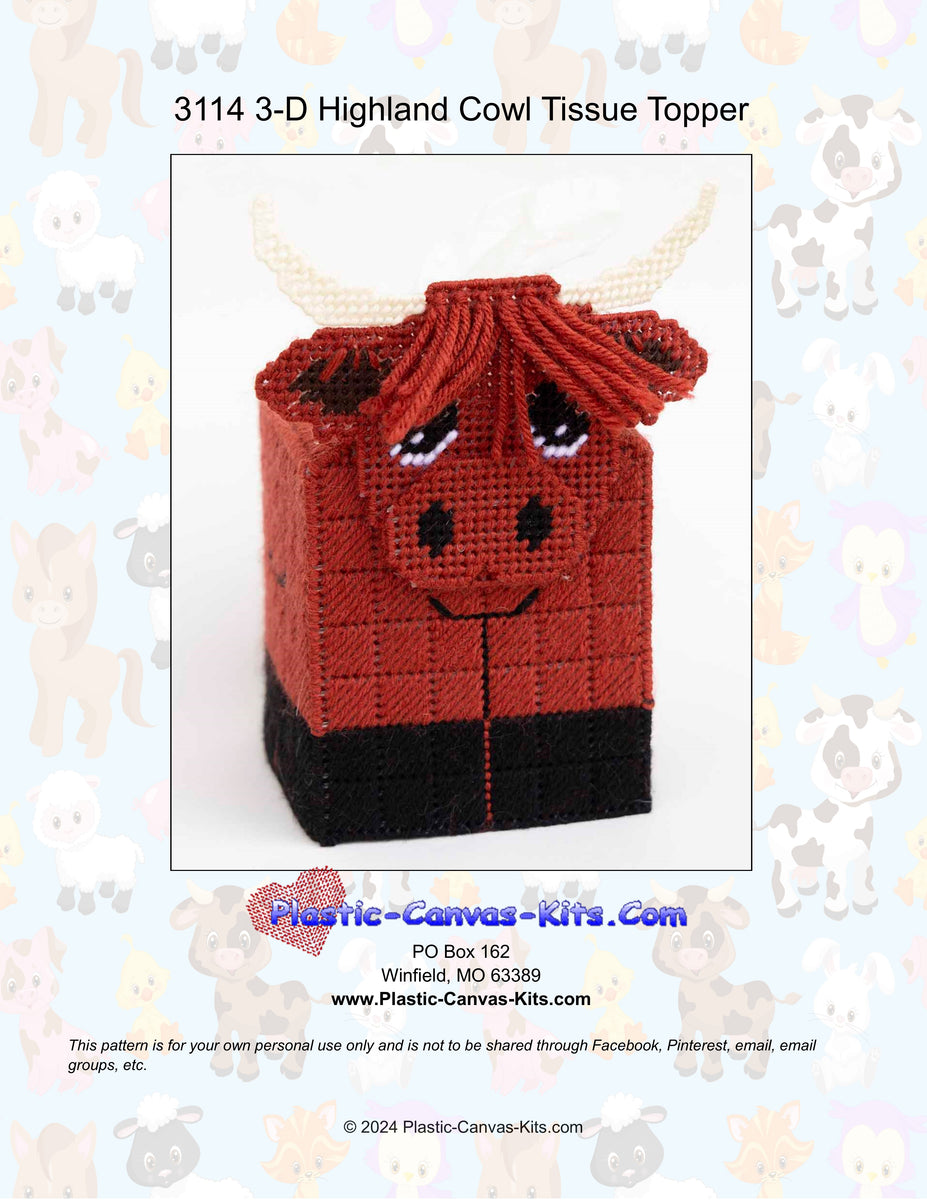 Plastic Canvas-HIghland Cow Tissue Topper| Plastic-Canvas-Kits.com