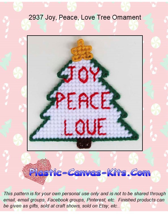 Joy, Peace, Love Christmas Tree Ornament| Plastic-Canvas-Kits.com