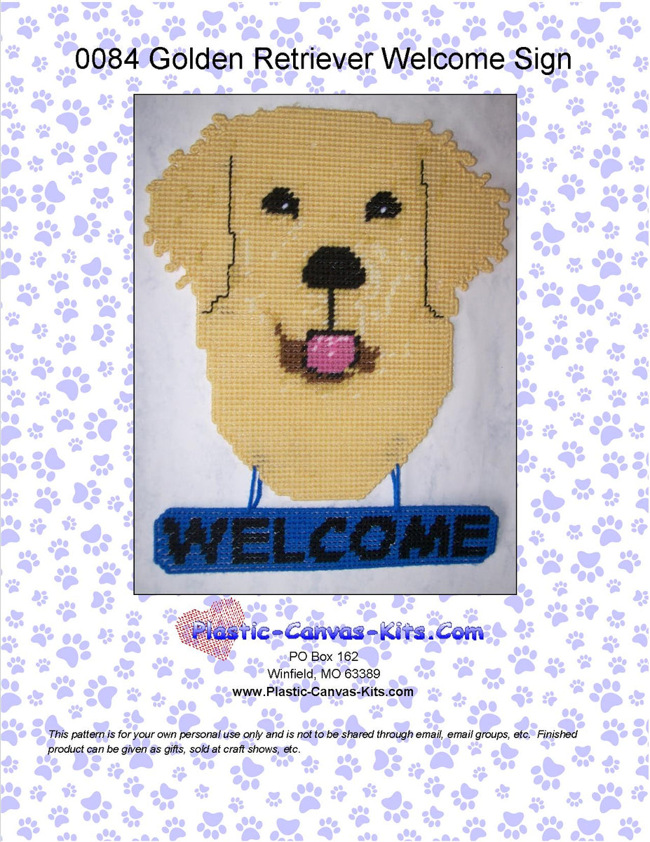 Plastic canvas-Golden retriever welcome sign| Plastic-Canvas-Kits.com