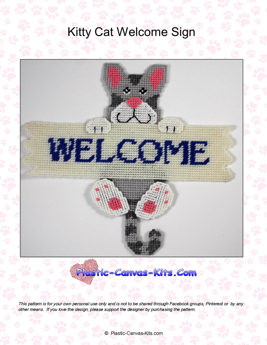 Plastic Canvas-Kitty Cat Welcome Sign| Plastic-Canvas-Kits.com